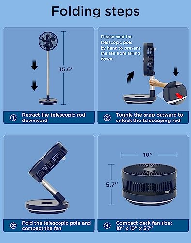 Primevolve 10 inch Oscillating Fan, Battery Operated Fan Adjustable Height, USB Rechargeable Home Office Outdoor Camping Tent Travel, Navy