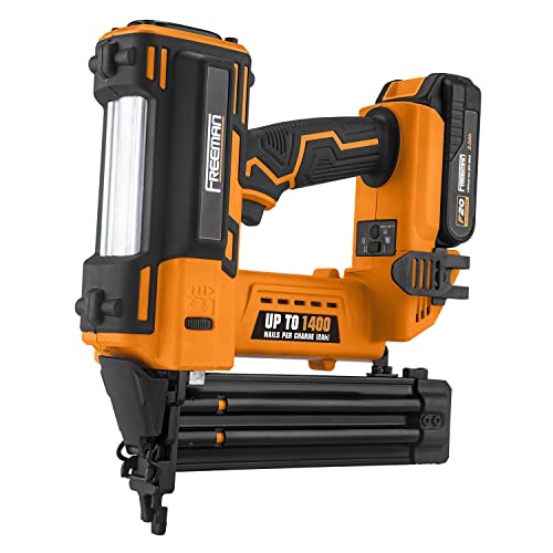 Freeman PE20VBR50 20 Volt Cordless 18-Gauge 2" Brad Nailer Kit with Lithium Ion Battery, Charger, Bag, and Nails (500 Count) – 1400 Shots per Charge