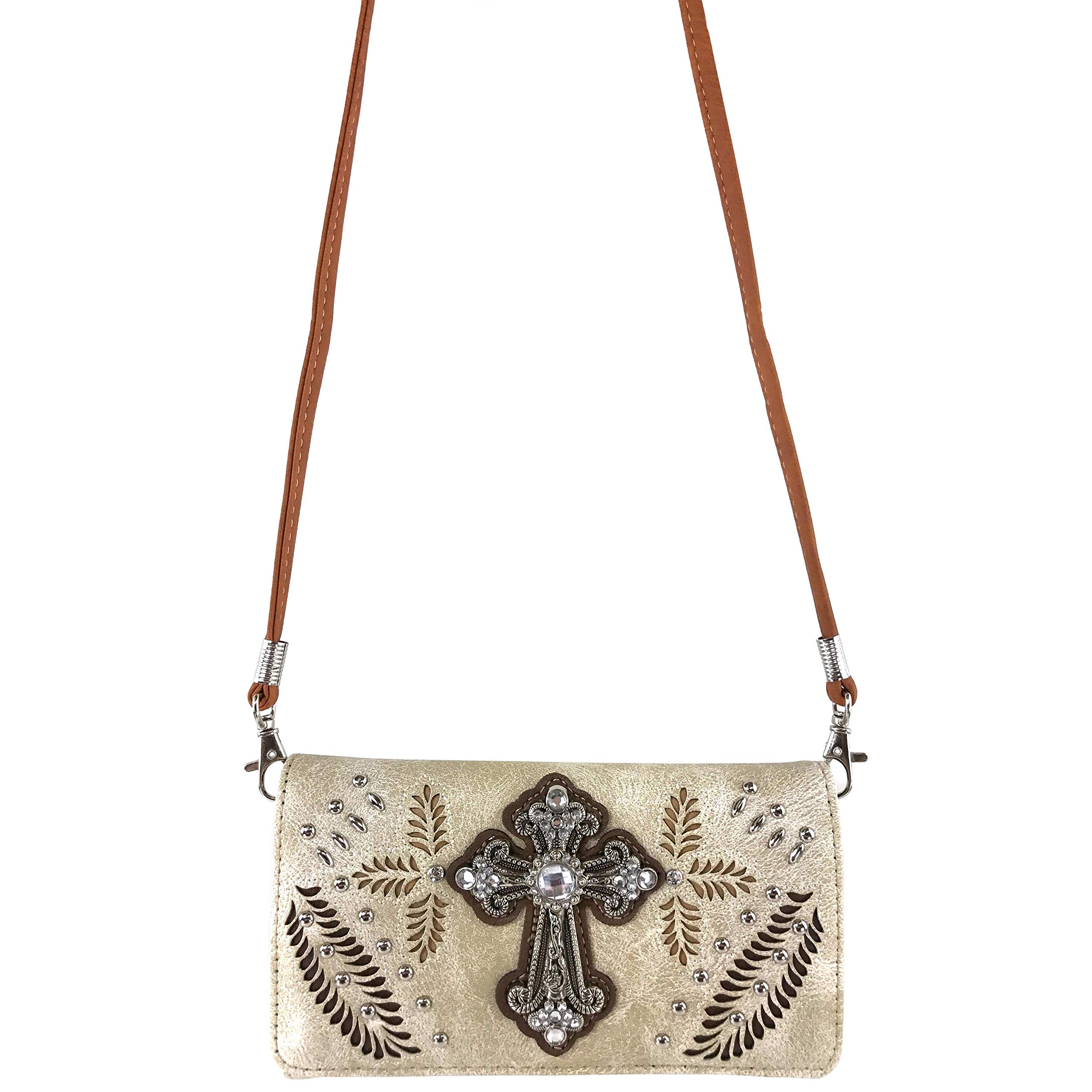 Zelris Fall Fern Leaf Western Cross Women Conceal Carry Handbag Wallet Set (Beige)