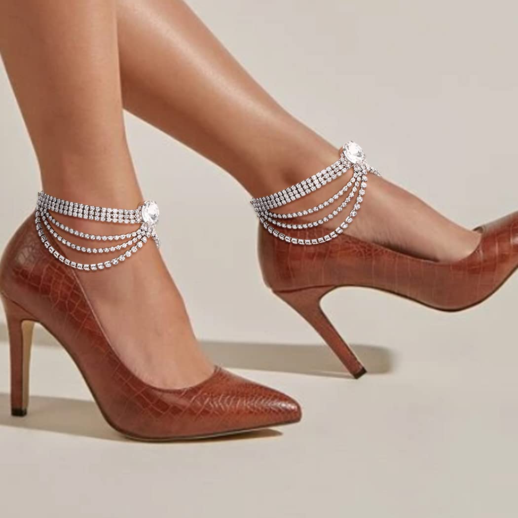 ELABEST Rhinestone Ankle Bracelets Crystal Tassel Anklet 2pcs Boho High-heeled Tennis Foot Chain Wedding Jewelry Accessories for Women (Silver)