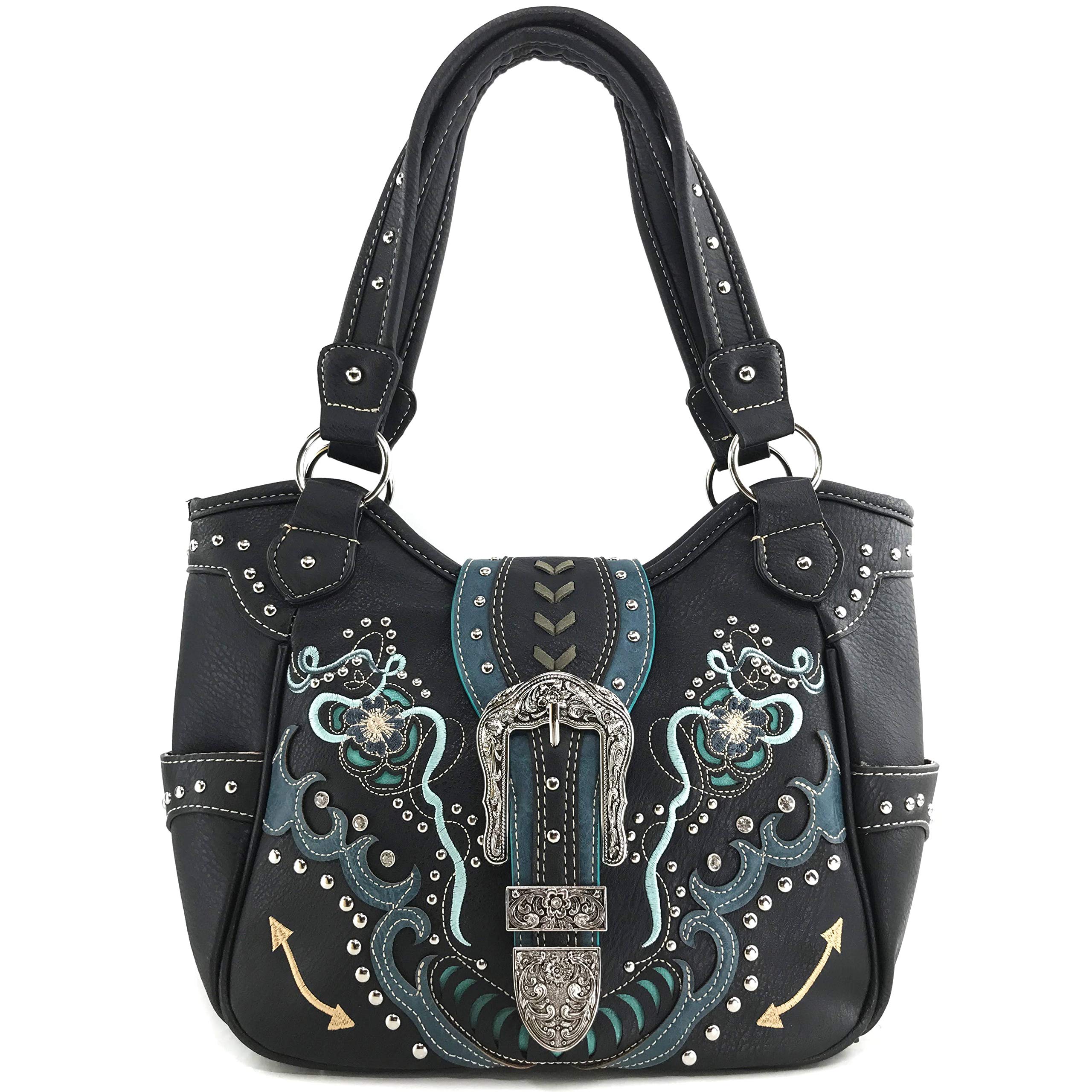 Zelris Floral Poppy Buckle Western Women Conceal Carry Tote Handbag Purse Set (Black)