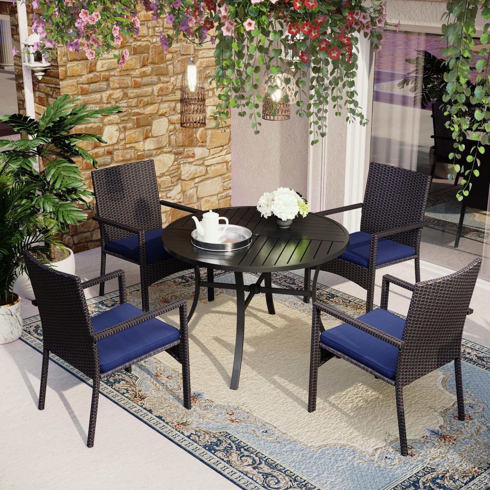 MFSTUDIO Patio Brown Woven Wicker Chairs Set, Oversized Outdoor Patio Wicker Rattan Dining Chairs Set of 4 with Extra Wide Seat, 4 Patio Resin Chair Sets with Armrests and Cushions, 330lbs