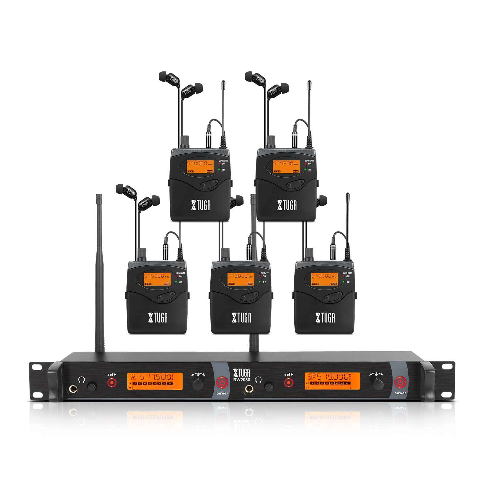 XTUGA RW2080 Wireless in Ear Monitor System Mono Design Dual Channel Wireless IEM System 5 Bodypacks, 300Ft, 40 UHF Frequencies, in Ears Monitors for Band, Stage or Studio, 902-928mhz