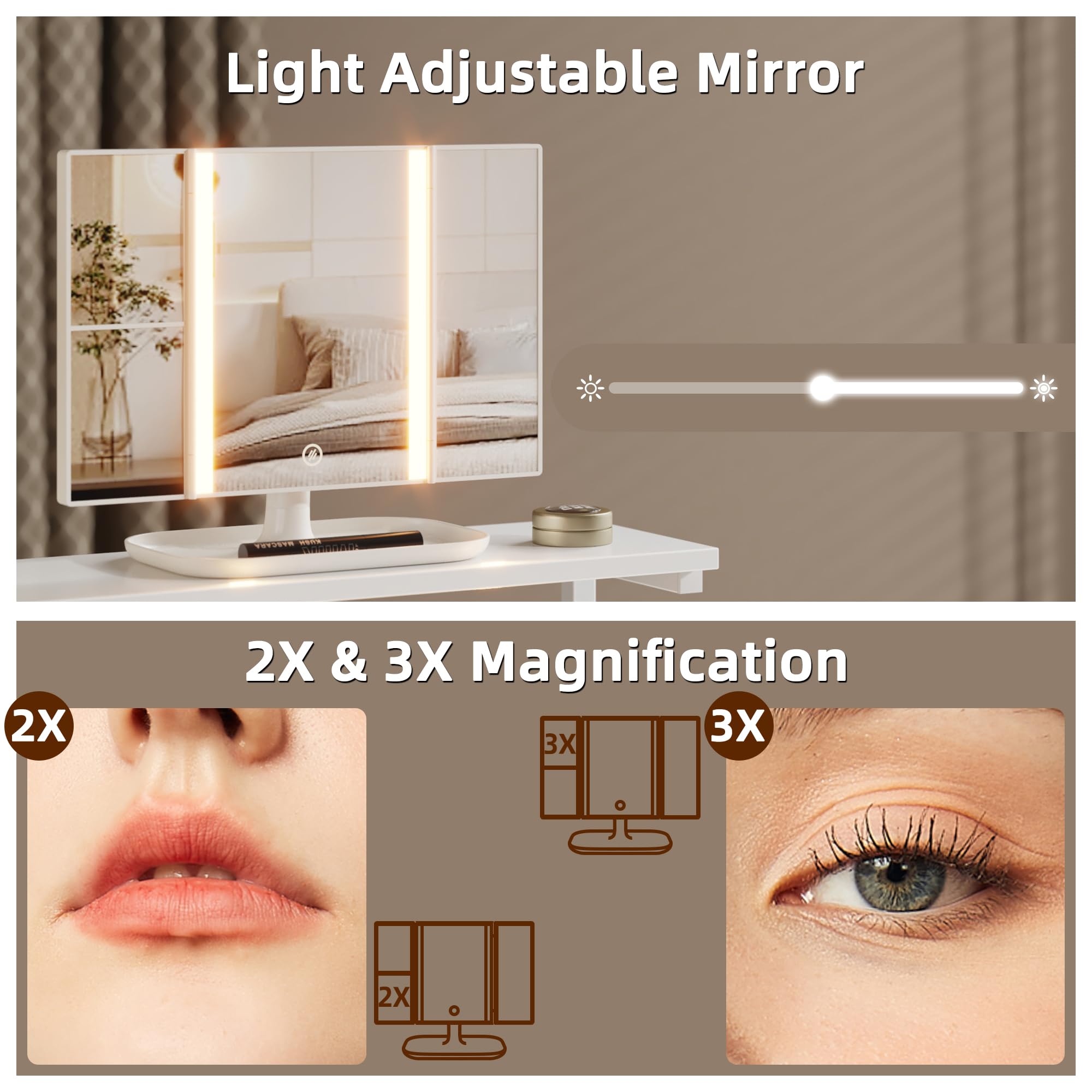 HIGDBFE Small Makeup Vanity Desk 27''W with 3 Fabric Drawers and Lighted Mirror, Vanity Table with Height-Adjustable Stand, Dressing Vanity Desk for Bedroom and Small Spaces, 27'', White
