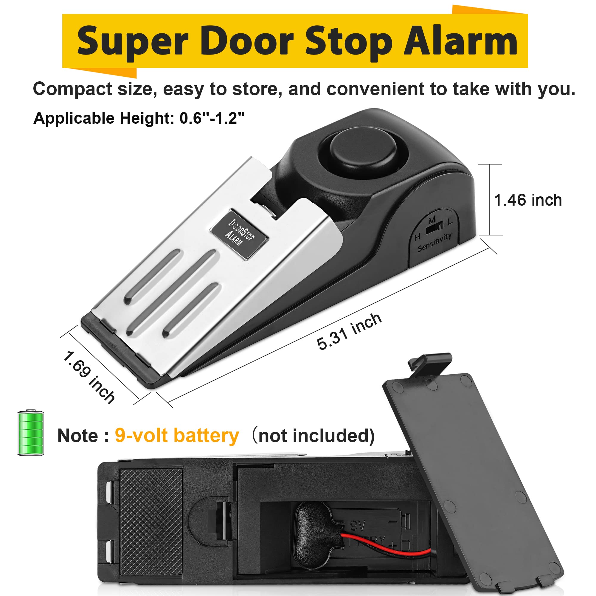 Crosize Upgraded Alarm Door Stops, Portable Security Hotel Safety Door Stoppers for Bottom of Door (Black 1 Pack)