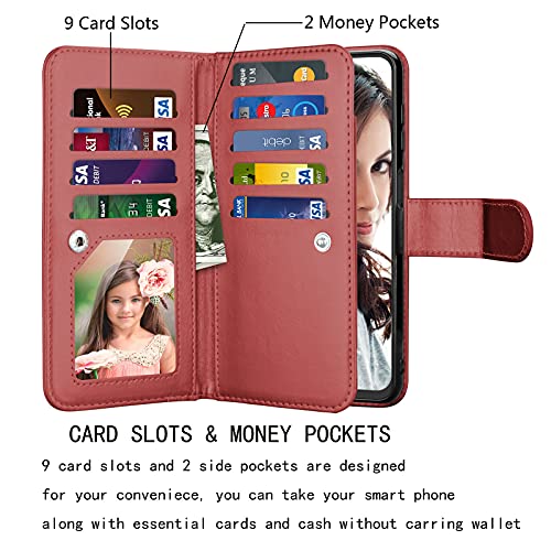 NJJEX Wallet Case for Samsung Galaxy A12, for Galaxy A12 Case 6.5", [9 Card Slots] PU Leather Credit Holder Folio Flip [Detachable] Kickstand Magnetic Phone Cover & Lanyard for Samsung A12 [Wine Red]