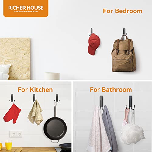 RICHER HOUSE Black Double Wall Hooks for Hanging, 2 Pack Removable Adhesive Coat Hooks with 3 Strips, Organize Damage-Free Sticky Hooks, Utility Hooks Hanging Heavy Duty for Coat, Towel, Hat, Key