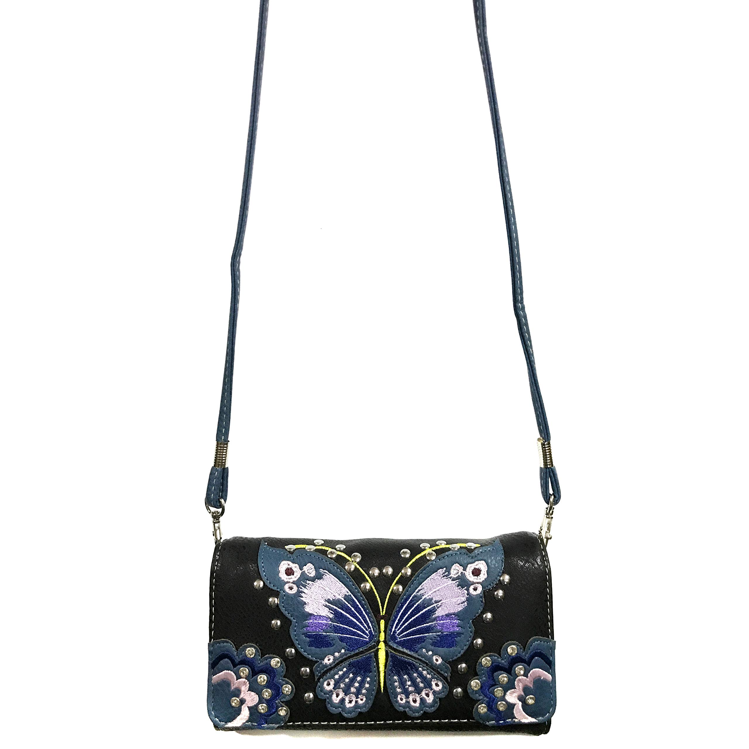 Zelris Peacock Butterfly Floral Embroidery Crossbody Trifold Wallet (Black)