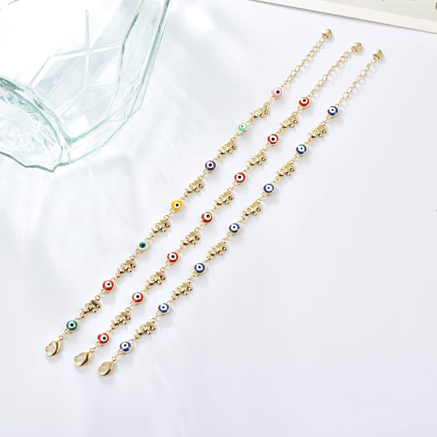 Evil Eye Bracelets 14K Gold Plated Handmade Adjustable Link Chain Elephant Bracelet for Women Evil Eye Jewelry Gift