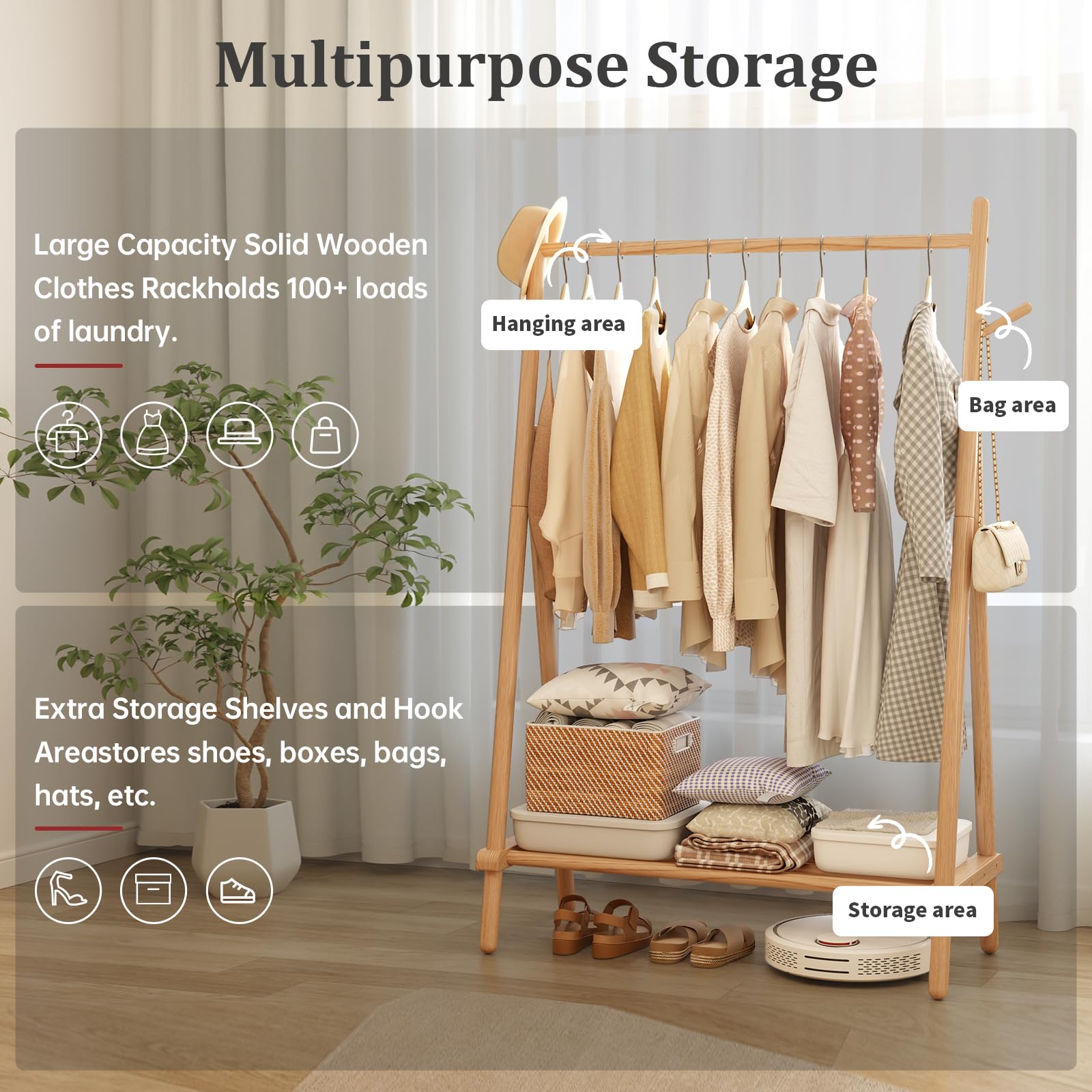 KASLANDI Solid Wood Clothes Rack, Clothing Rack with Shelf and Hook, Sturdy and Portable, Garment Rack for Hanging Clothes,Coats,Skirts,Shoes,Bags,Easy to Assemble (Natural)