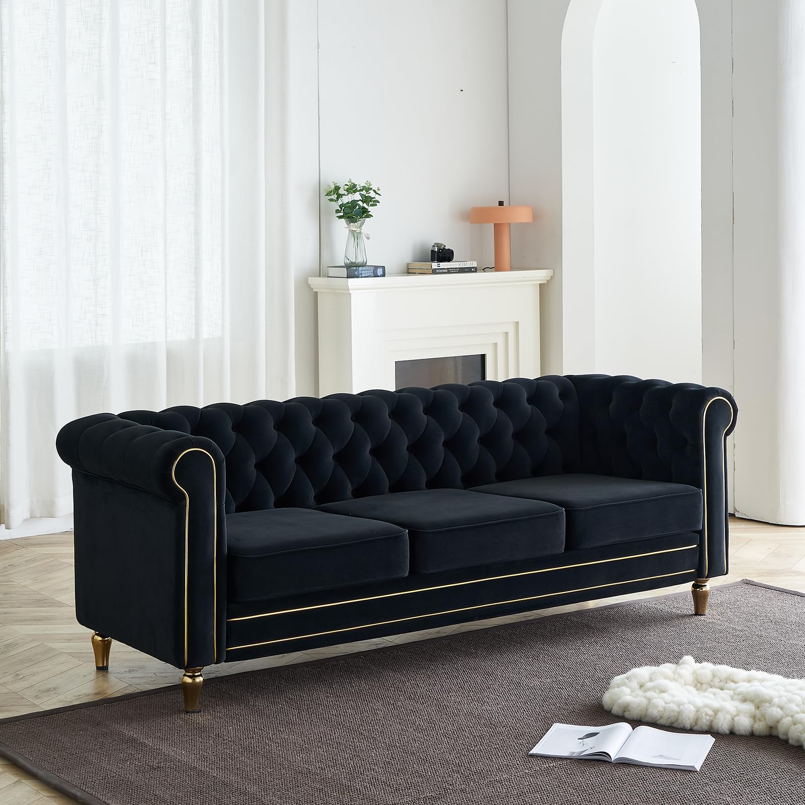 Neylory Modern Velvet Sofa Couch for Living Room,85 Inch 3 Seater Chesterfield Couches with Button Tufted Back and Roll Arms,Upholstered Sofas for Bedroom,Apartment,Office (Black)