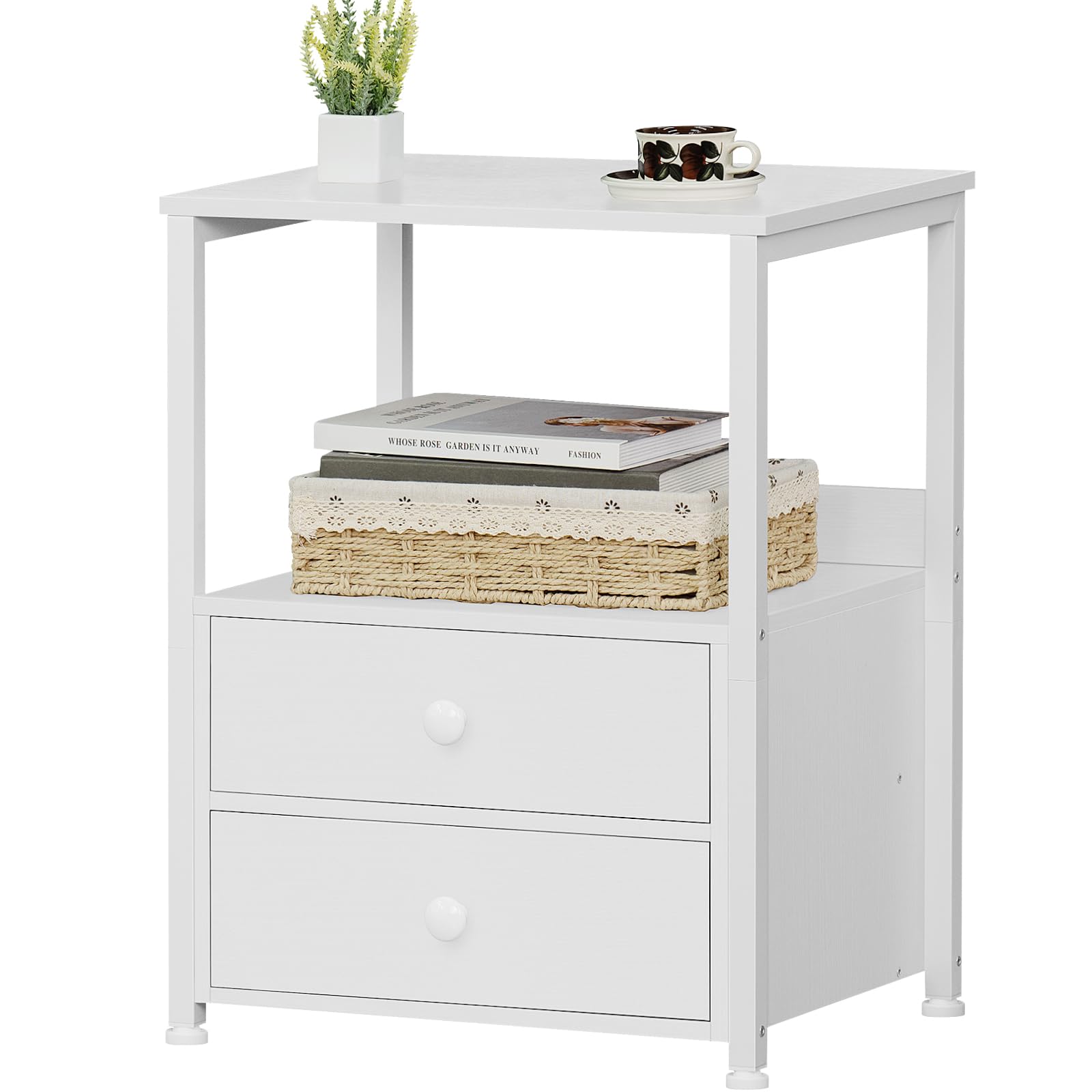 Lerliuo Nightstand, Industrial Bed Side Table with 2 Drawers Storage Open Shelf, Sturdy End Table with Steel Frame, Night Stand for Bedroom, Living Room, Elegant White