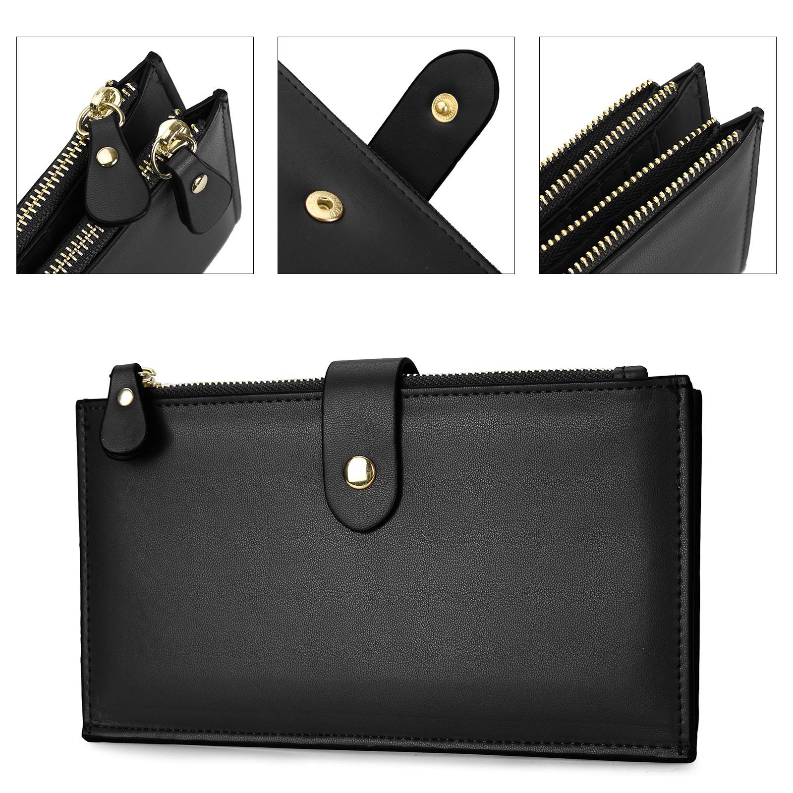YALUXE Leather Wallets for Women Double Zipper Pockets Phone Holder 22 Card Slots Organizer Billfold with ID Window