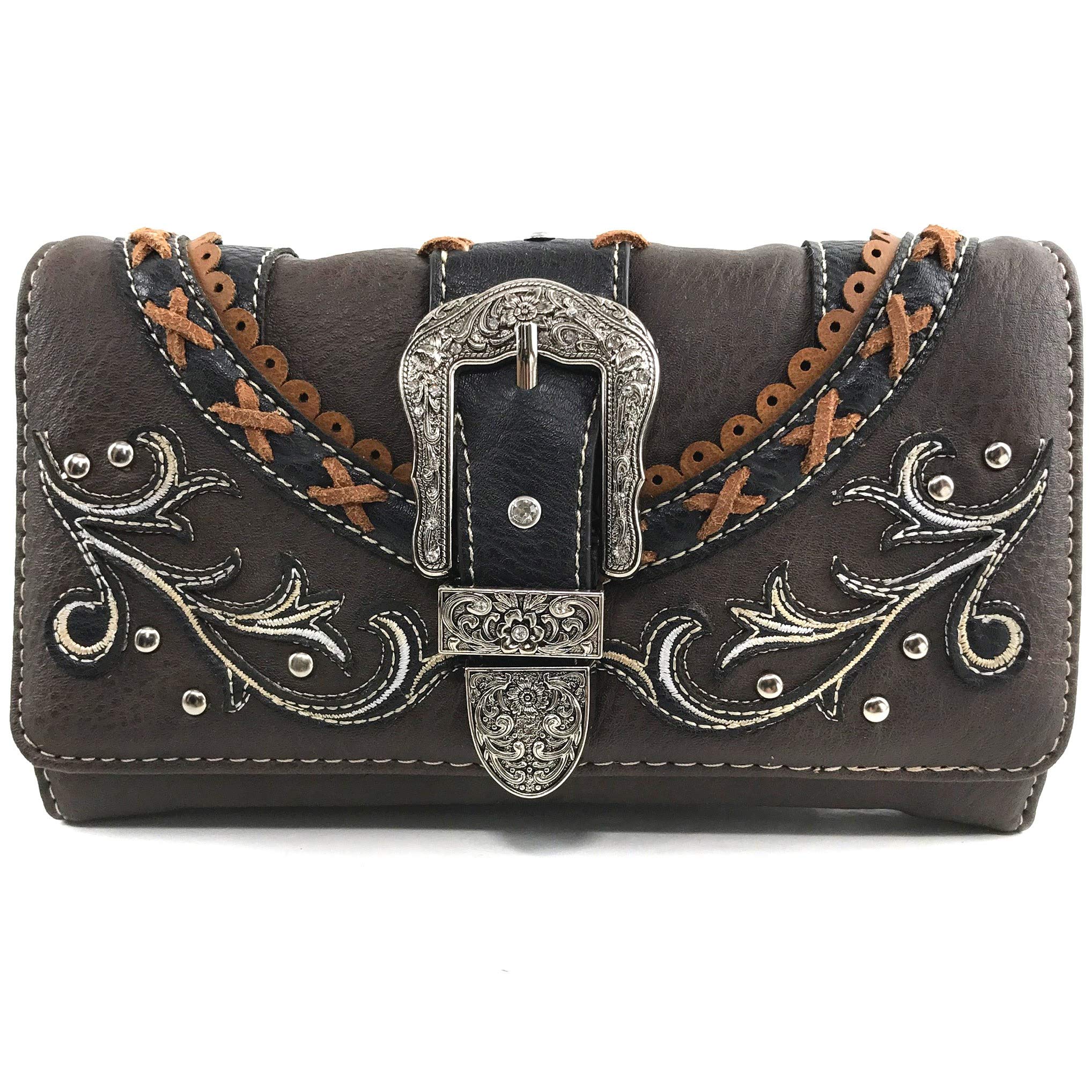 Zelris Western Country Floral Buckle Crossbody Trifold Wallet (Brown)