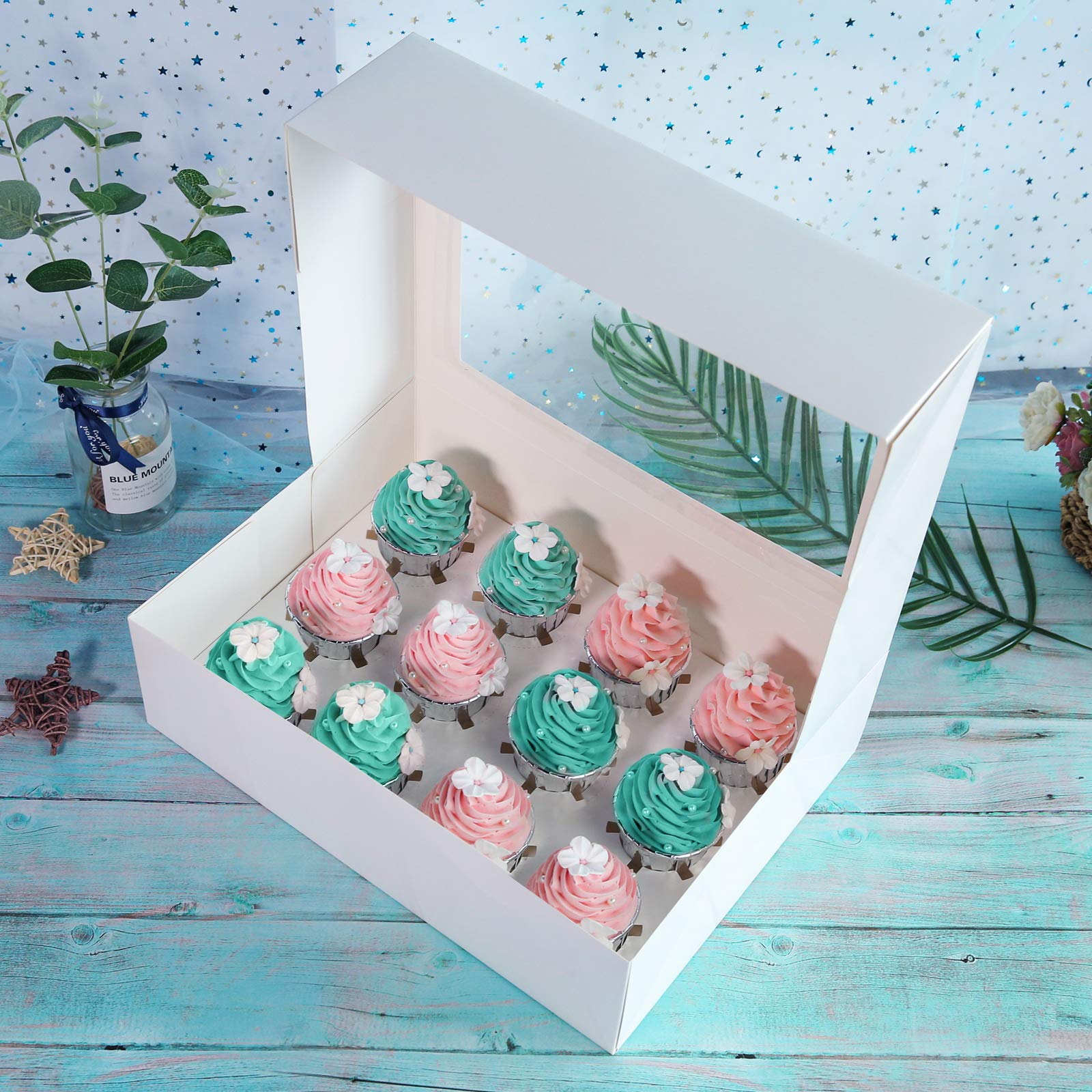 ONE MORE 15-Pack White Cupcake Boxes 12 Holders Cake Carrier Food Grade Pop-up Bakery Boxes 13.8 x 9.5 x 4inch with Inserts and PVC Windows Fits 12 Cavity Cupcake Pack of 15