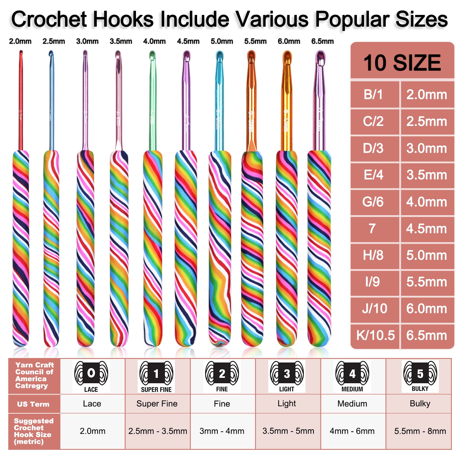 Coopay Warm Crochet Hooks 2G Crochet Kits, Rainbow Crochet Needles for Crocheting, Sturdy & Well-Crafted, 10pcs Crochet Hook Set for DIY Knitting Art Beginners and Experienced Crochet Lovers