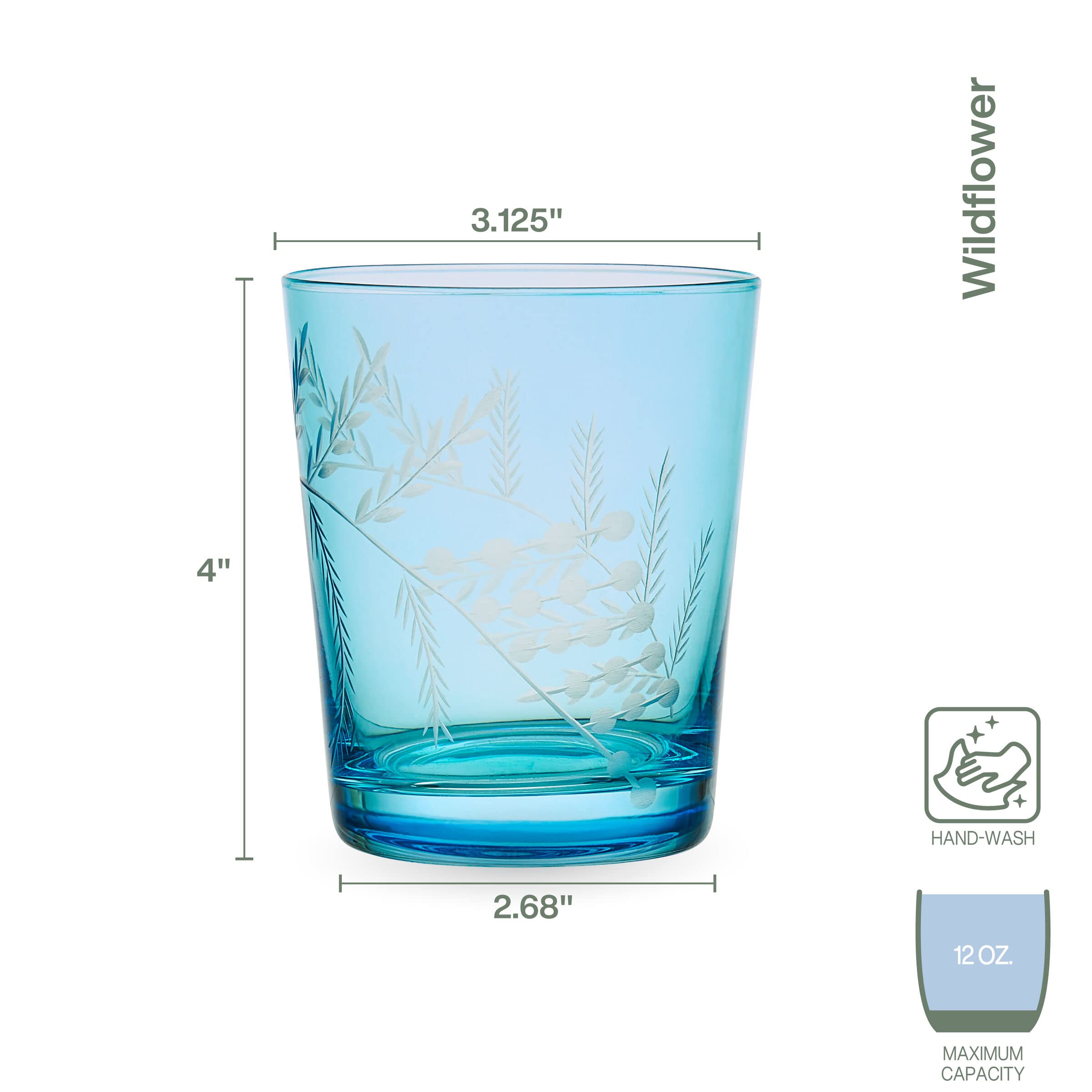 Fitz and Floyd Wildflower Set of 4 Double Old Fashioned Rocks Whiskey Glass, 12 Ounce, Blue