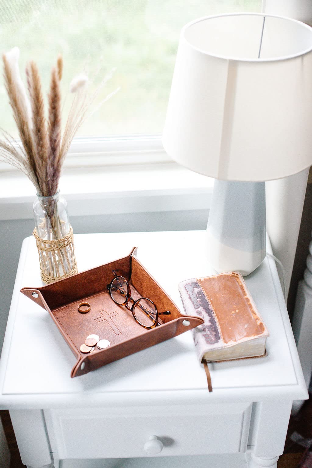 Cross Leather Valet Tray for Men with Scripture Included | EDC Dump Tray Catholic First Communion Gifts for Boys, Christian Gifts for Dad, Thoughtful Gifts for Men
