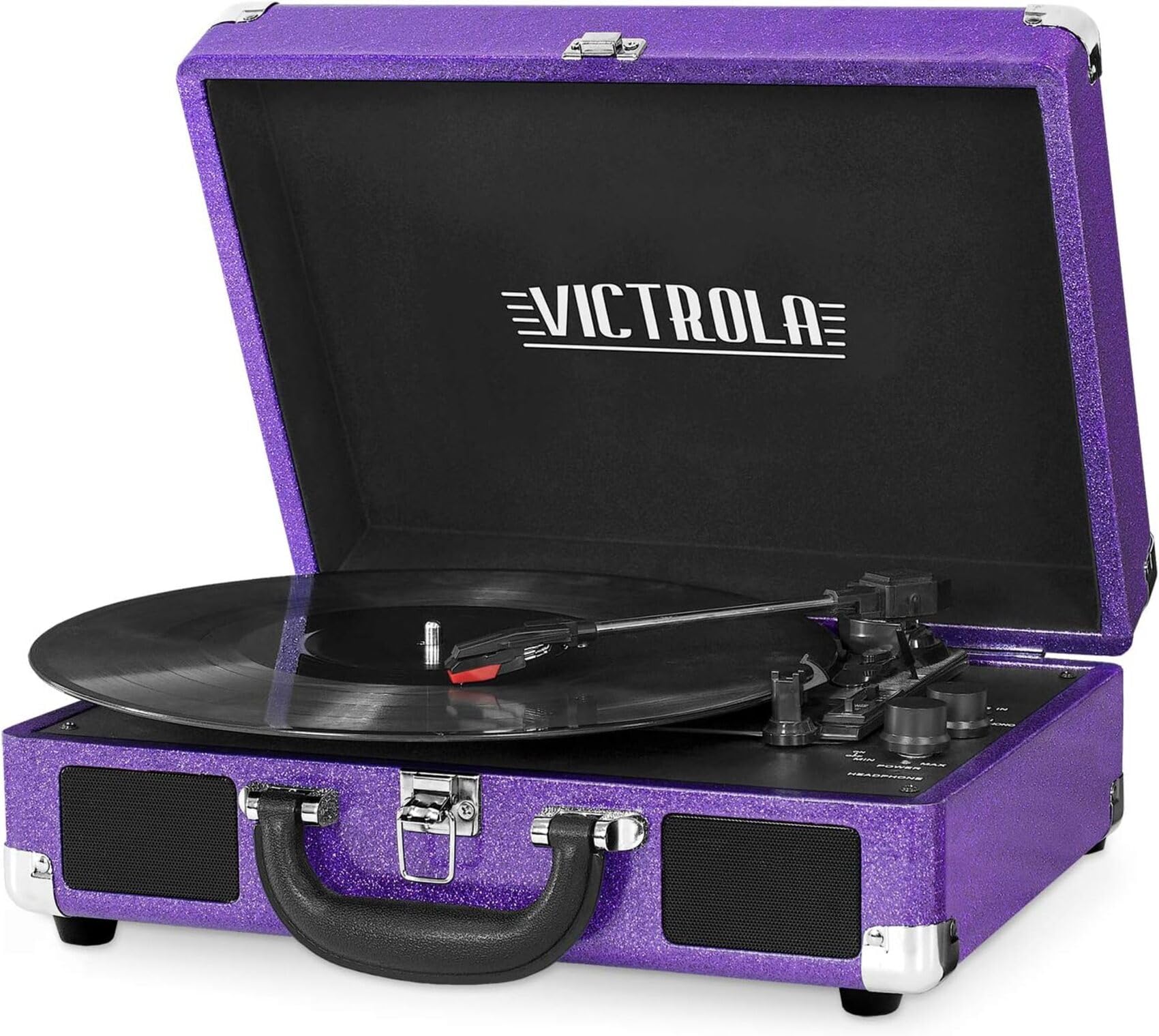 Victrola Vintage 3-Speed Bluetooth Portable Suitcase Record Player with Built-in Speakers | Upgraded Turntable Audio Sound|Purple Glitter, Model Number: VSC-550BT-GPR