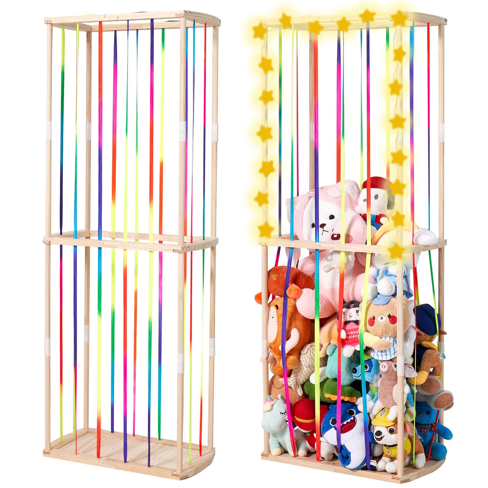HAHASOLE Stuffed Animal Toy Storage Organizer, 59" Tall Wooden Large Stuffed Animal Holder with Rainbow Elastic Rope and Star String Lights, Zoo Cage for Nursery, Play Room, Bedroom…