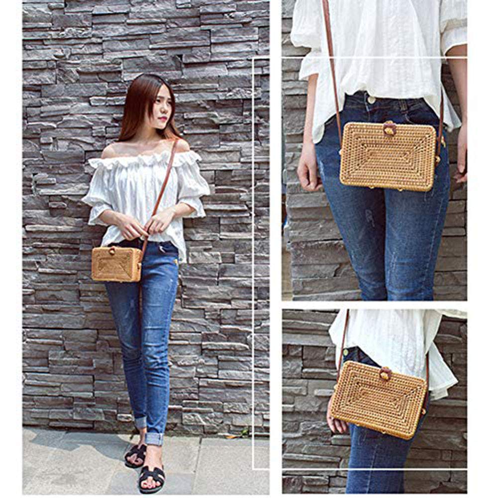 Zinuo Exquisite Straw Bag Women Rattan Woven Shoulder Handbag Summer Beach Crossbody Bag (Square)