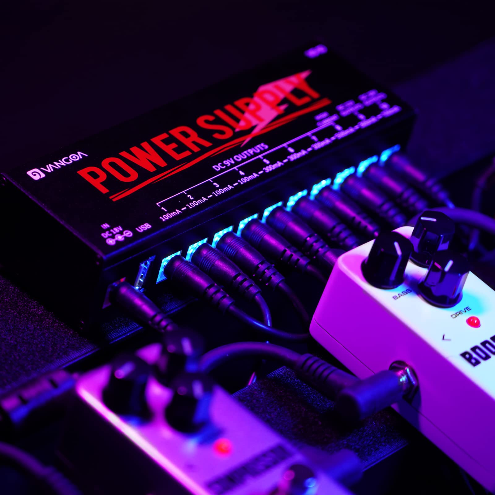 Vangoa Guitar Pedal Power Supply 10 Truly Isolated Outputs, Portable Pedal Board Power Supply with USB for 9V/12V/18V Effect Pedal Power Supply