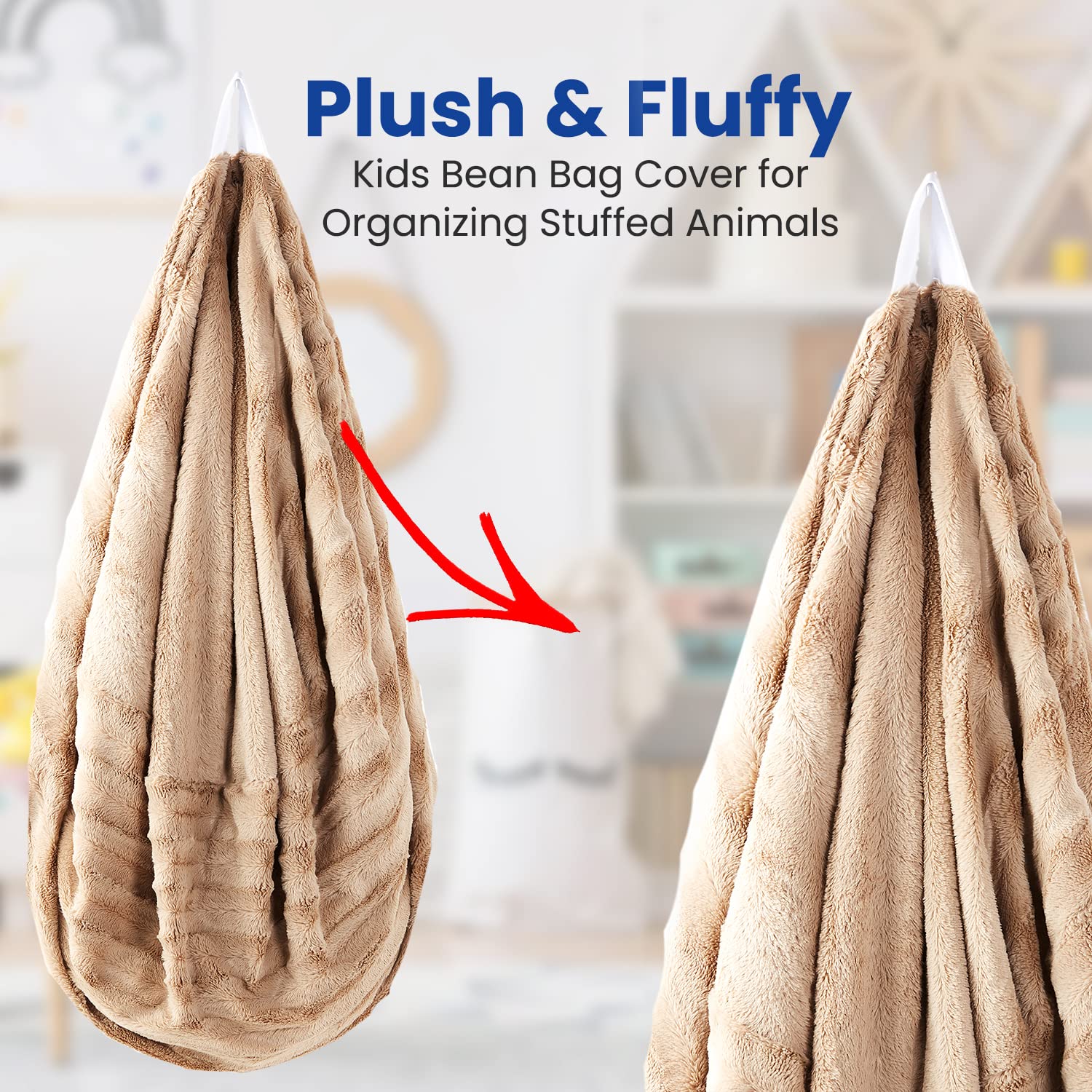 Cheer Collection Stuffed Animal Storage Bean Bag, Kids Toy Storage Organizer and Bean Bag Chair with Handle, Oversized Faux Fur Zippered Bag for Organizing Stuffed Animals, Machine Washable - Taupe