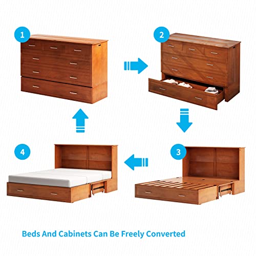 Mjkone Murphy Cube Cabinet Bed with USB Charging Station, Murphy Bed Cabinet with Large Drawer & Folding Mattress, Queen Size Bed Frame for Guest Room, Home, Office - Cherry