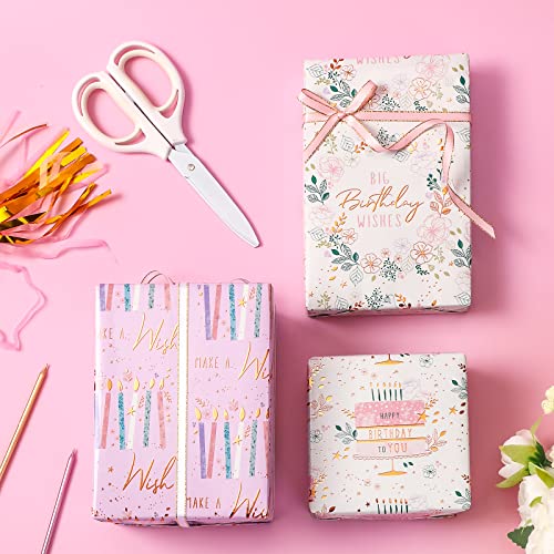 LeZakaa Birthday Wrapping Paper Roll - Mini Roll - Cake/Flower/Candle Print for Girl, Women Gift Wrapping - 17 x 120 inches, 3 Rolls (42.5 sq.ft.ttl.)