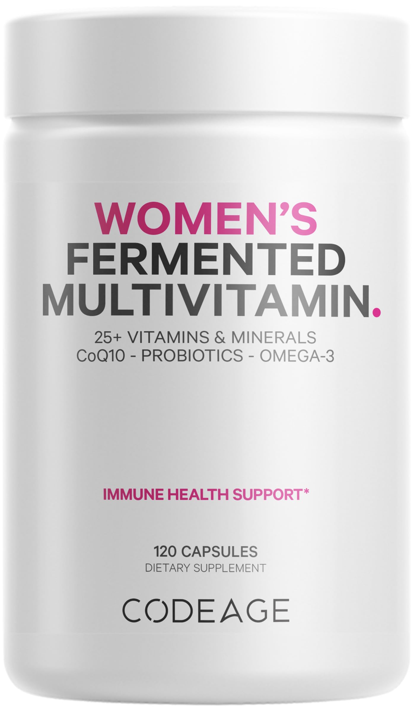 Codeage Womenâs Daily Multivitamin, 25+ Vitamins & Minerals, Fermented, Organic Whole Foods, Probiotics Supplement - Vitamin A, Vitamin B, Vitamins C, D, E & K, Omega 3, Zinc â Vegan - 120 Capsules