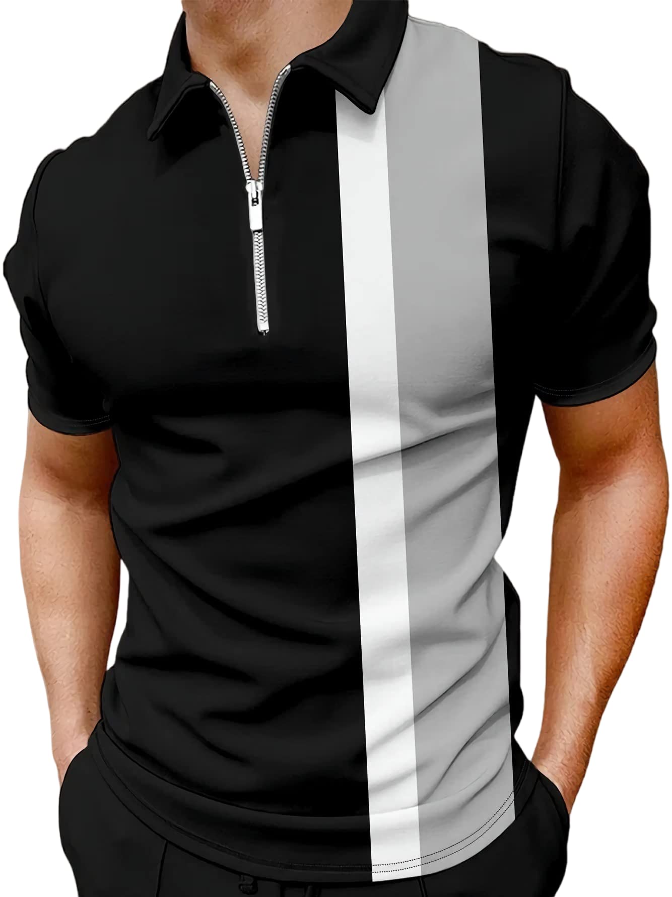 Ecosunny Men's Classic Polo Shirts Long Sleeve Striped Printed Zipper Casual Slim Fit Athletic Golf Shirts