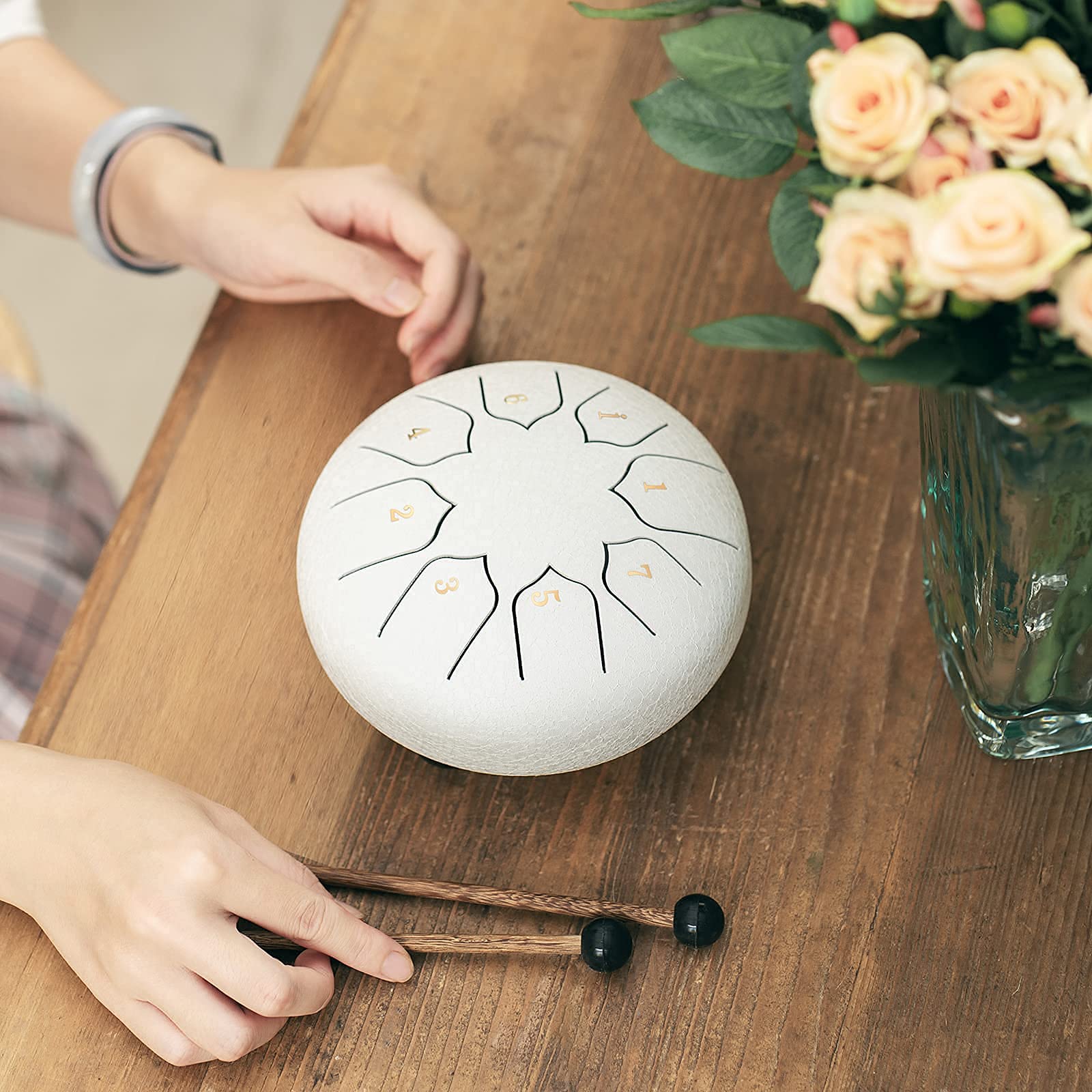 YeahLoop Steel Tongue Drum,6 Inch 8 Notes Tambourine,Percussion Set with Bag,Music book,Mallets,Mallet Holder and Finger Plectrums for Meditation Entertainment (White)