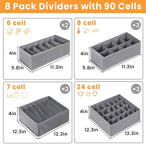 najiaxiaowu 8 Packs Underwear Drawer Organizer,Underwear and Bras Drawer Organizers for Clothing with 90 Cells Fabric Foldable Grids Dividers Box for Socks,Underwear, Bras and Ties