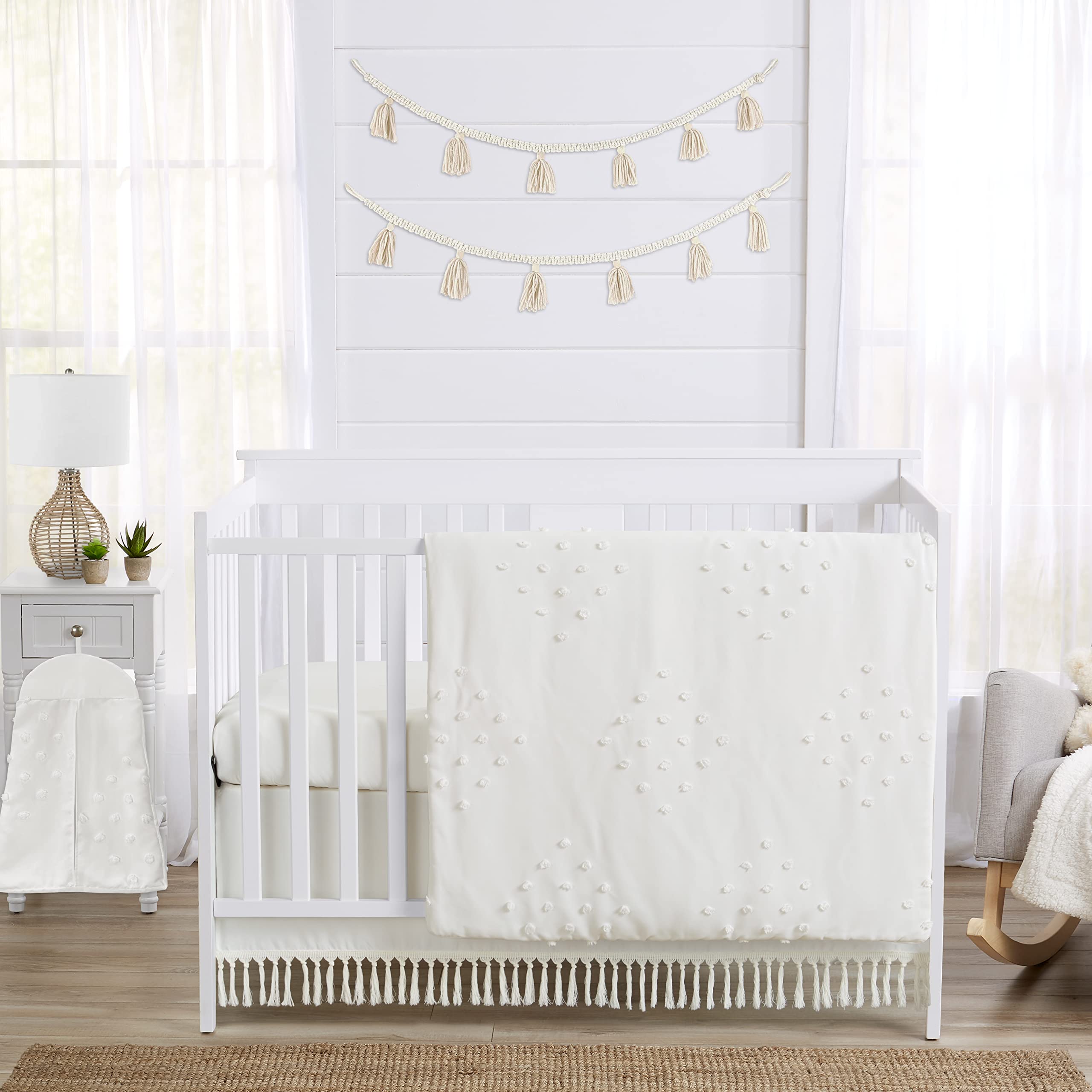 Sweet Jojo Designs Boho Dot Baby Boy Girl Nursery Crib Bedding Set - 4 pieces - Ivory Beige Cream Off White Bohemian Shabby Chic Modern Luxury Farmhouse Geometric Pom Pom Tufted Minimalist Neutral