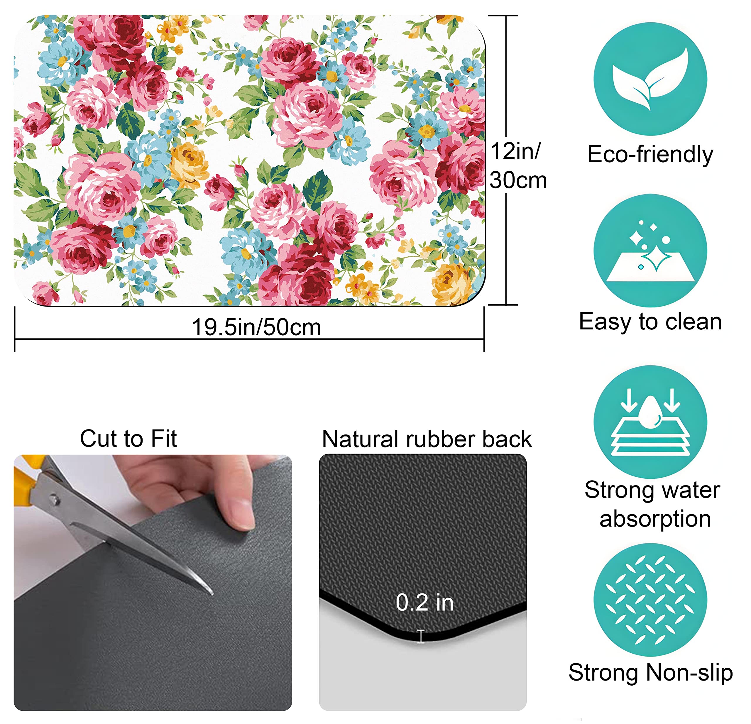 Coffee Bar Mat Accessories for Countertop Pioneer Flower Absorbent Hide Stain Rubber Backed Dish Drying Mats for Kitchen Counter Draining Pad Decor Gift Fit Under Coffee Maker (20x12in)
