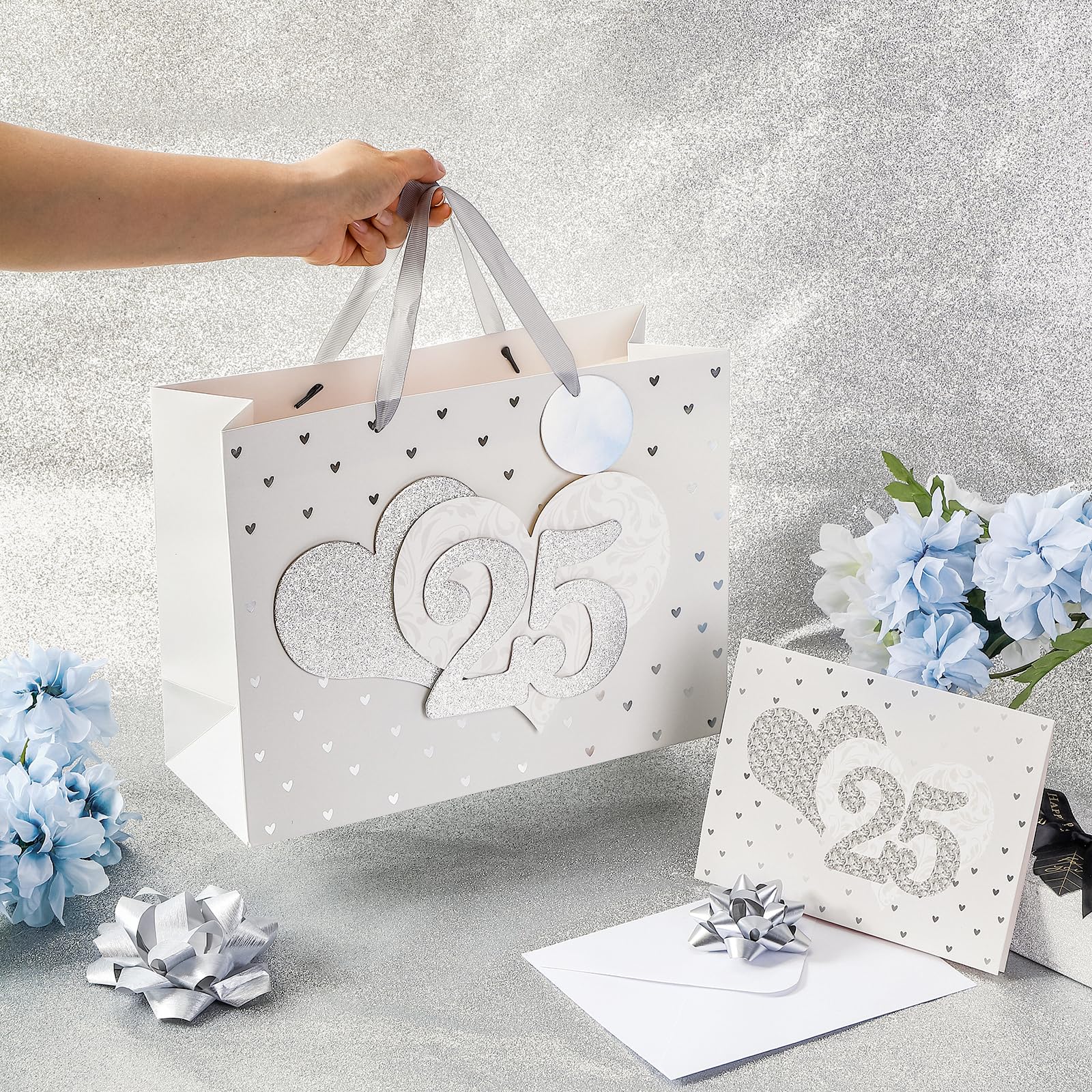 LeZakaa 13" Wedding Gift Bag, Silver Gift Bag with Tissue Paper, Gift Tag and Card - Number 25" with Heart 3D Paster for Silver Wedding Anniversary Celebrations