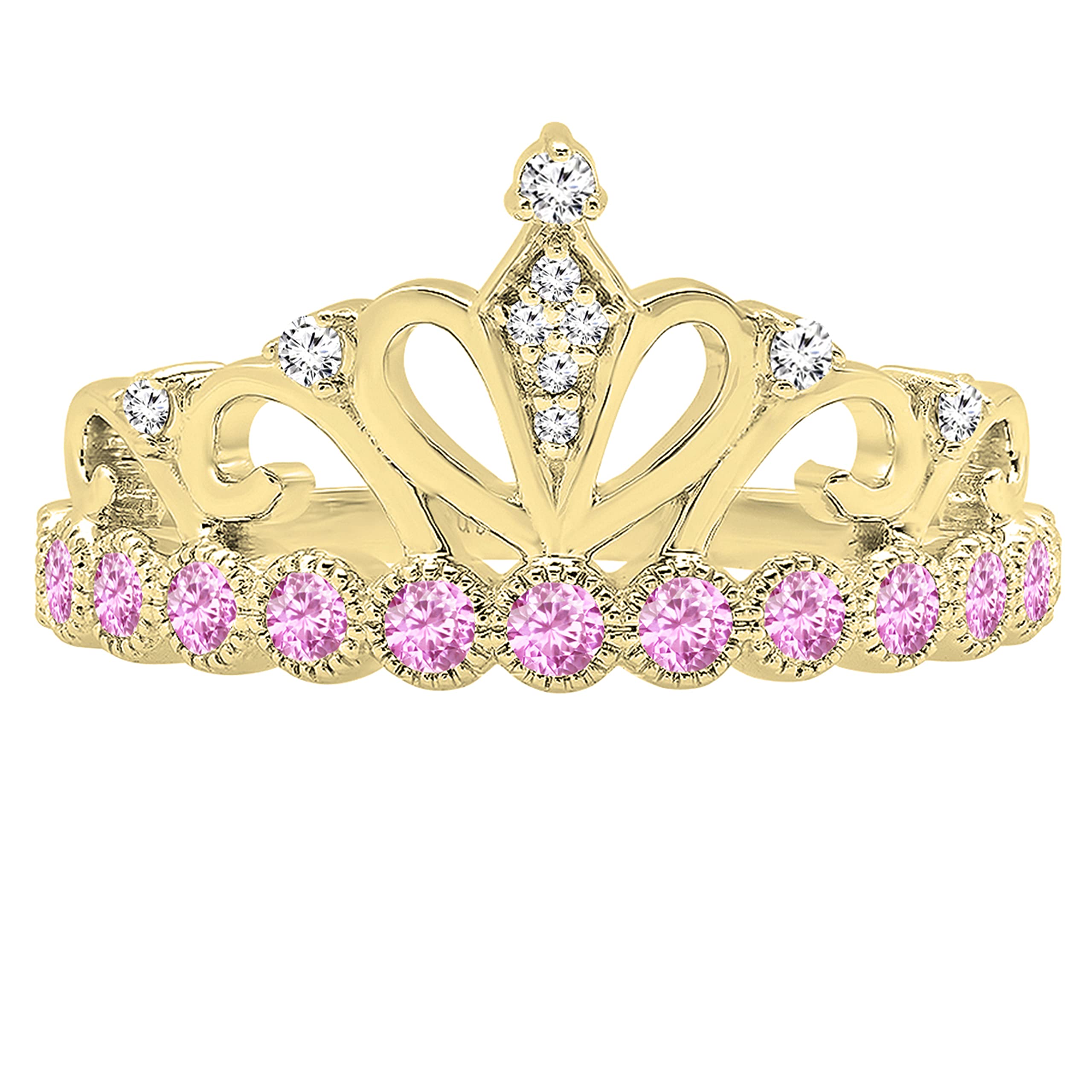 Dazzlingrock Collection Round Pink Sapphire & White Diamond Crown Style Engagement Ring for Women in 10K Yellow Gold, Size 6.5