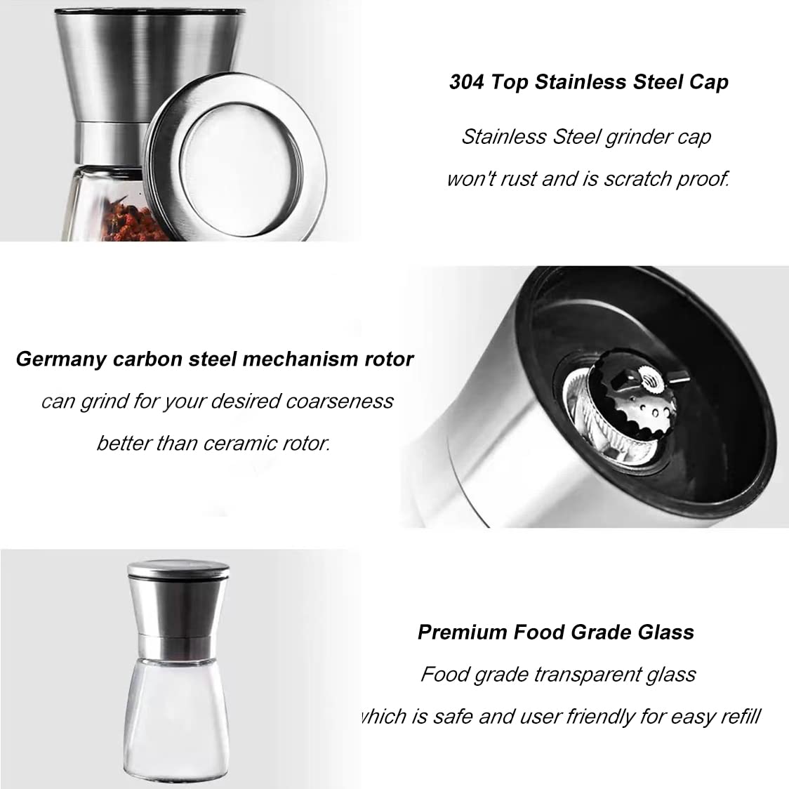 Ebaco Professional Pepper Grinder - with Germany Hardened Carbon Steel Mechanism Rotor, Refillable Pepper Mill 6OZ Glass Adjust Coarseness (1PCS-Sliver-304)