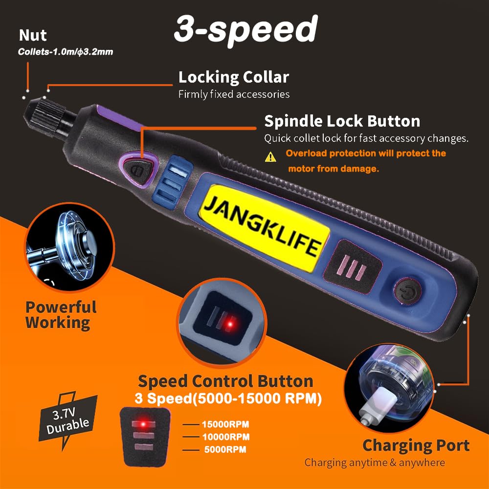 JANGKLIFE Cordless Rotary Tool Kit 3.6V, Comes with 41 Accessories, USB Charging Cord, 3-Speed Adjustable for Drilling, Cutting, Sanding, Engraving, Polishing and DIY Crafts
