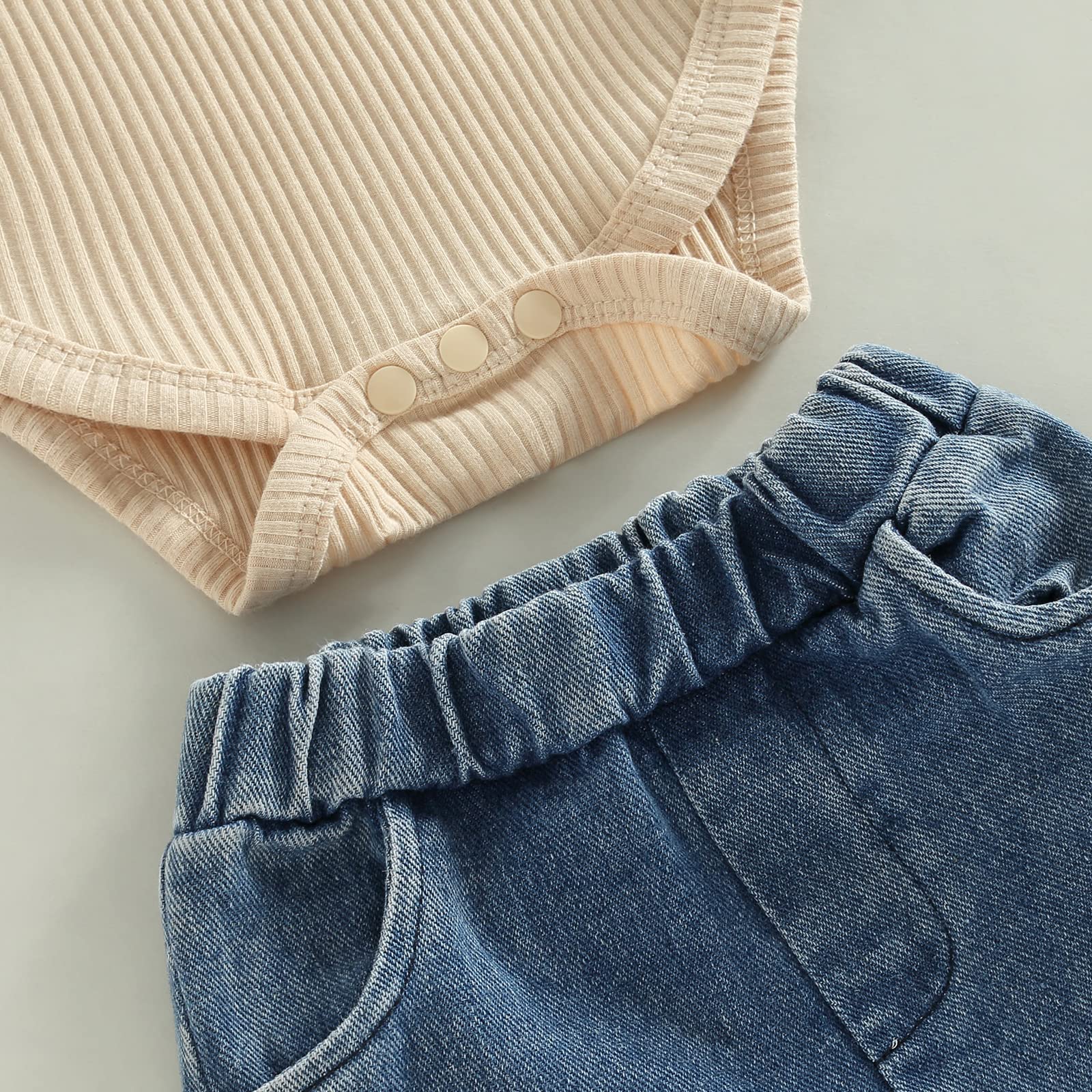 fhutpw Newborn Baby Girl Clothes Infant Rib Frill Long Sleeve Romper Flared Pants Headband Set 3pcs Fall Winter Outfits (B- Apricot + Flared Jeans, 6-9 Months)