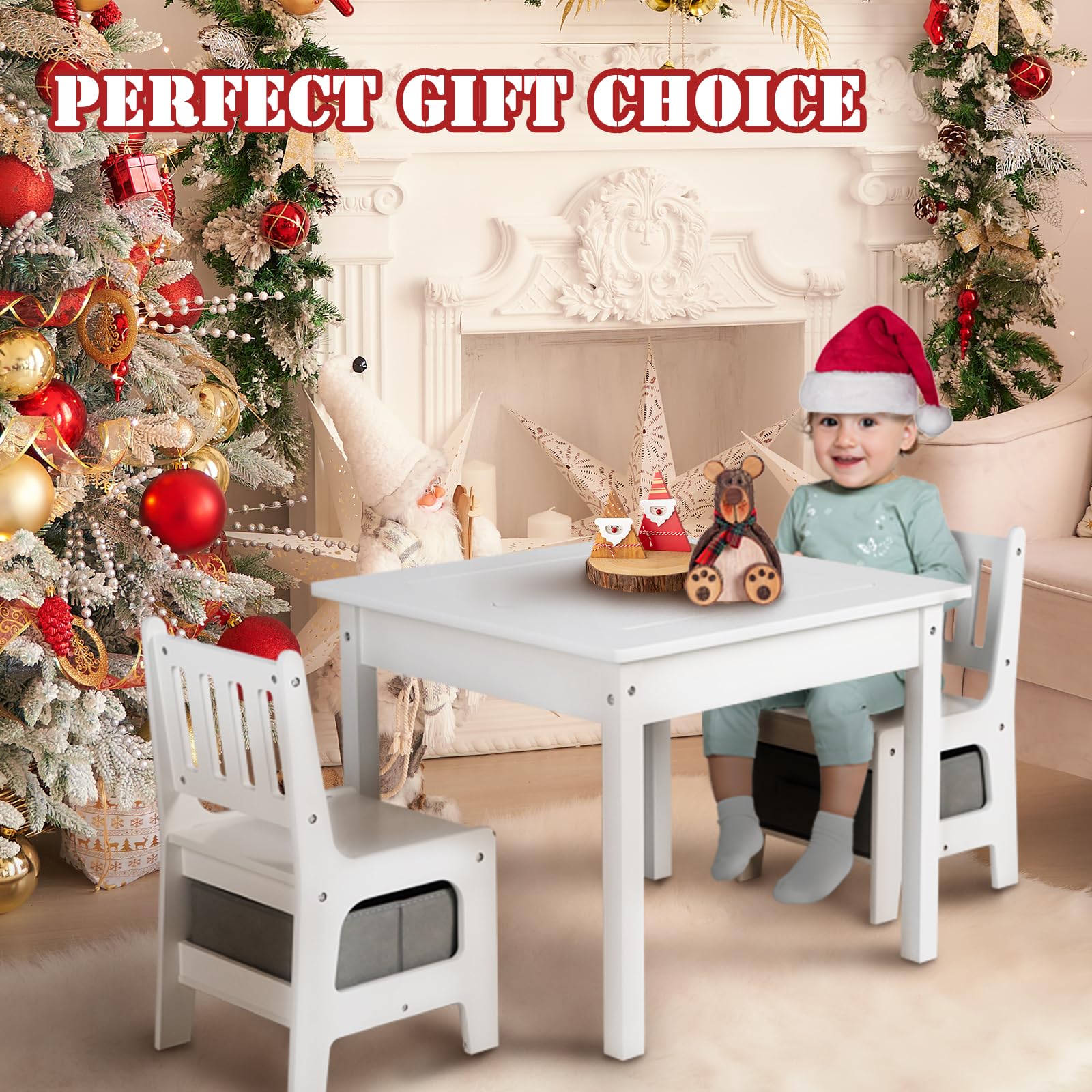 Kinder King Kids Wood Table & 2 Chairs Set, 3 in 1 Kids Construction Play Table, Toddler Activity Table w/Storage Space, Building Block Table for Child Art, Crafts, Reading, Playing, Grey