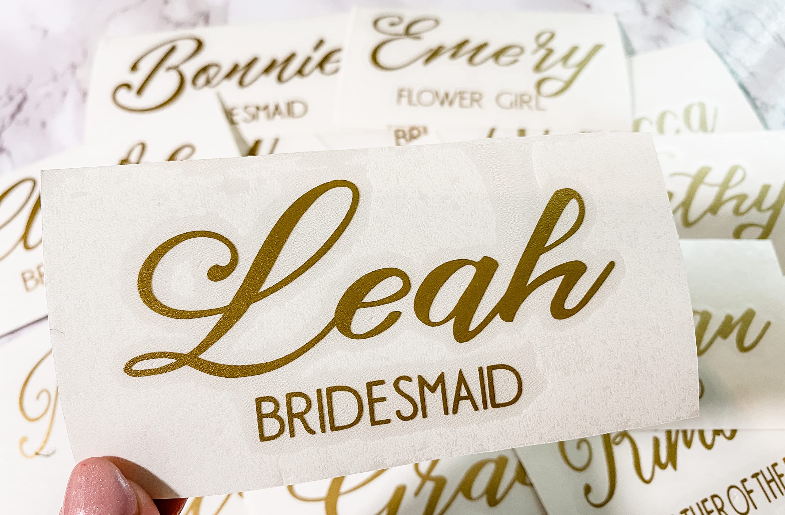 Decals Personalized with Name and Title Wedding Party Champagne Flute Customize Color for Wine Glasses Flask Cups Bridesmaid Gifts Water Bottles Metallic Gold Rose Options