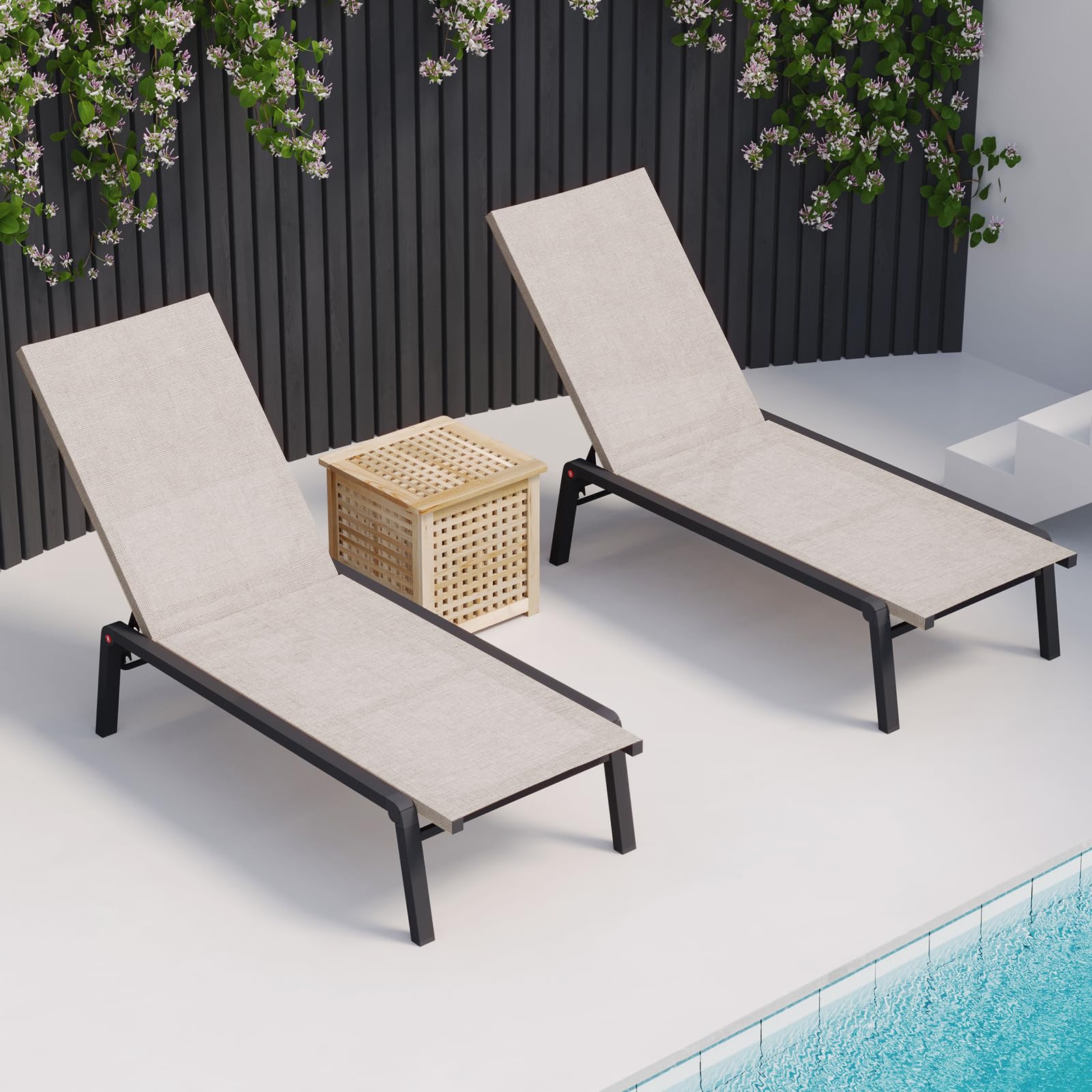 FHVIT Patio Chaise Lounge Set of 2 with 5 Adjustable Backrest, Foldable Aluminum Chaise Lounge Chair Recliner for Outdoor, Poolside, Sun Tanning