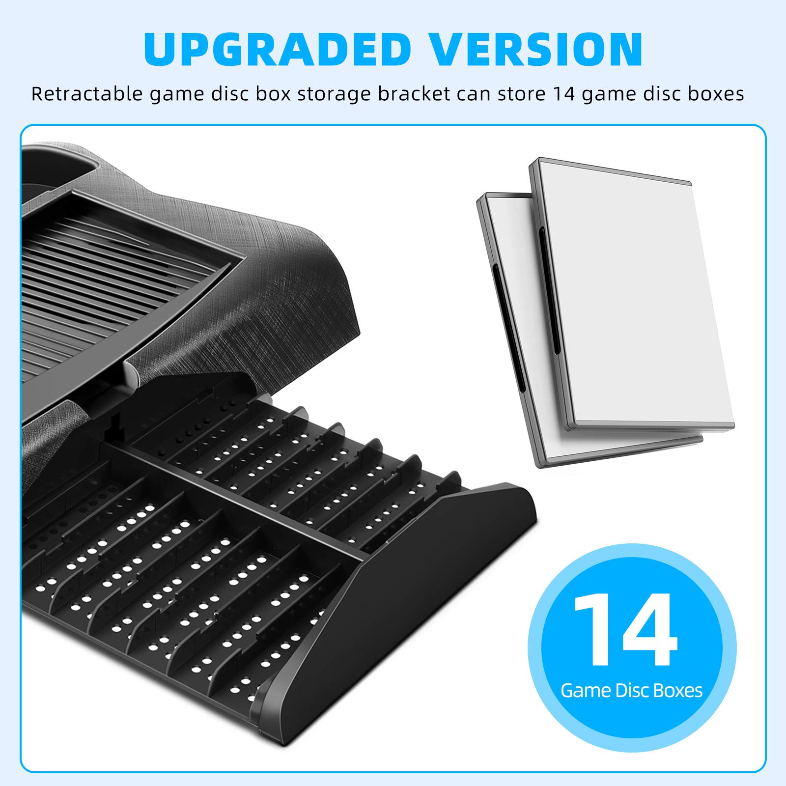 Yerliker Multi-Function Vertical Stand with Cooling Fan Compatible with PS5 Console and PS5 Digital Edition, with Game Holder Dual Controller Charger 3-Ports USB Hub and 14 Game Card Slot Organizers [video game]