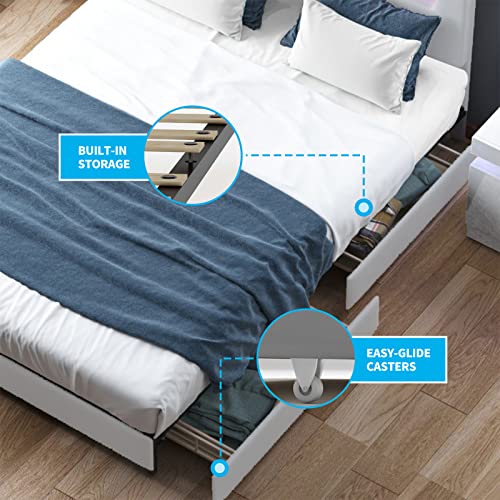 Mjkone LED Bed Frame King Size with Adjustable LED Lights Headboard Upholstered Platform Bed with 4 Storage Drawers, Smart Bed Compatible with Alexa&Google, No Box Spring Needed, Easy Assembly,White