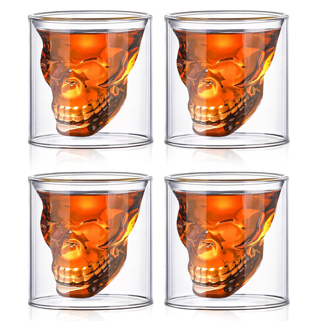 DECKALY Crystal Skull Shot Glasses Double Wall Glass Cup Set of 4, 2.5 oz Whiskey Shot Glasses, Party & Bar Decor Drinking Glassware for Whiskey, Vodka, and Cocktail