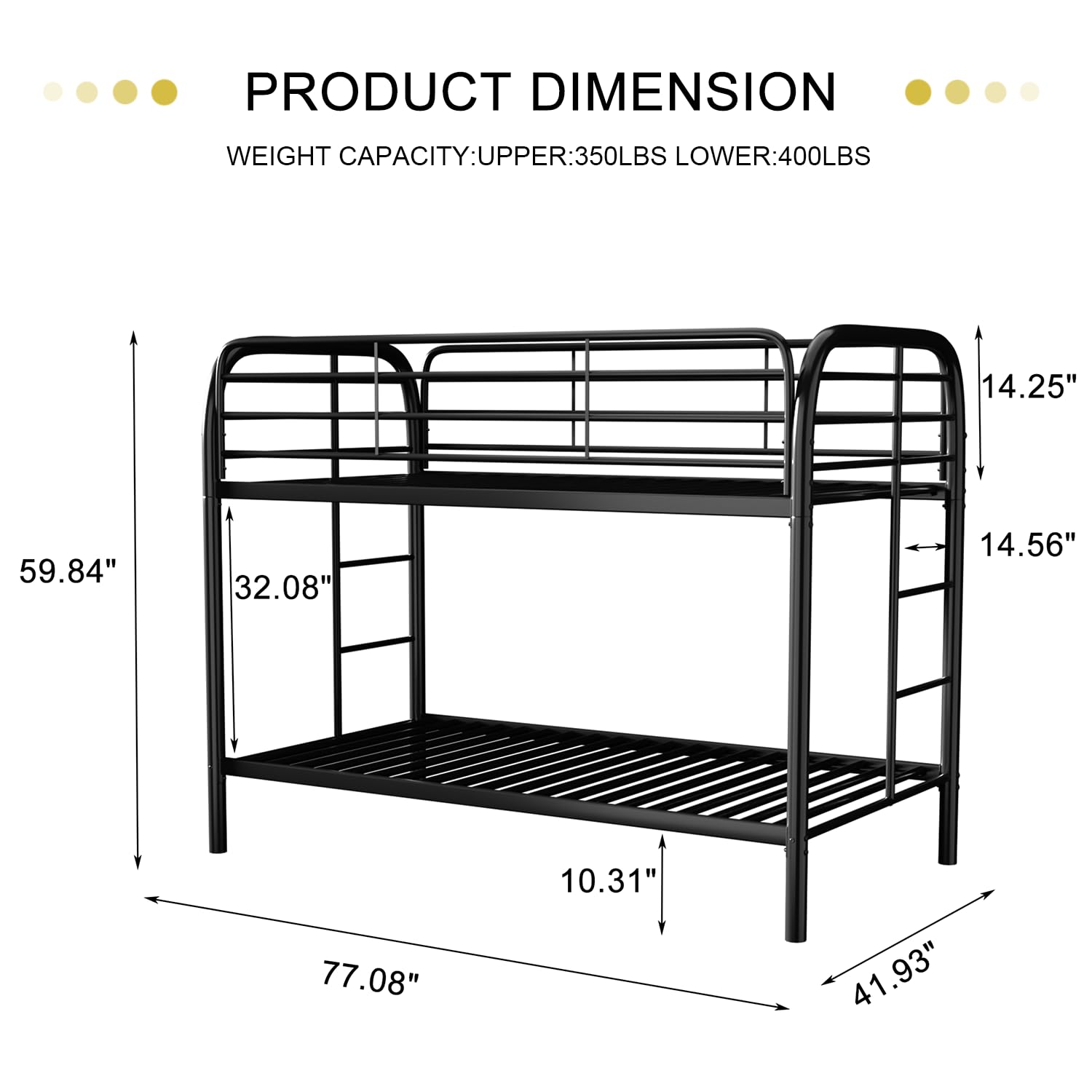 JAORD Twin-Over-Twin Bunk Beds, Full Over Twin Bunk Bed, Metal Twin Bunk Bed Frame, Full-Length Industrial Safety Rail Bunk Bed Frame with Ladder, Noiselessly, Assembly Required(Black)