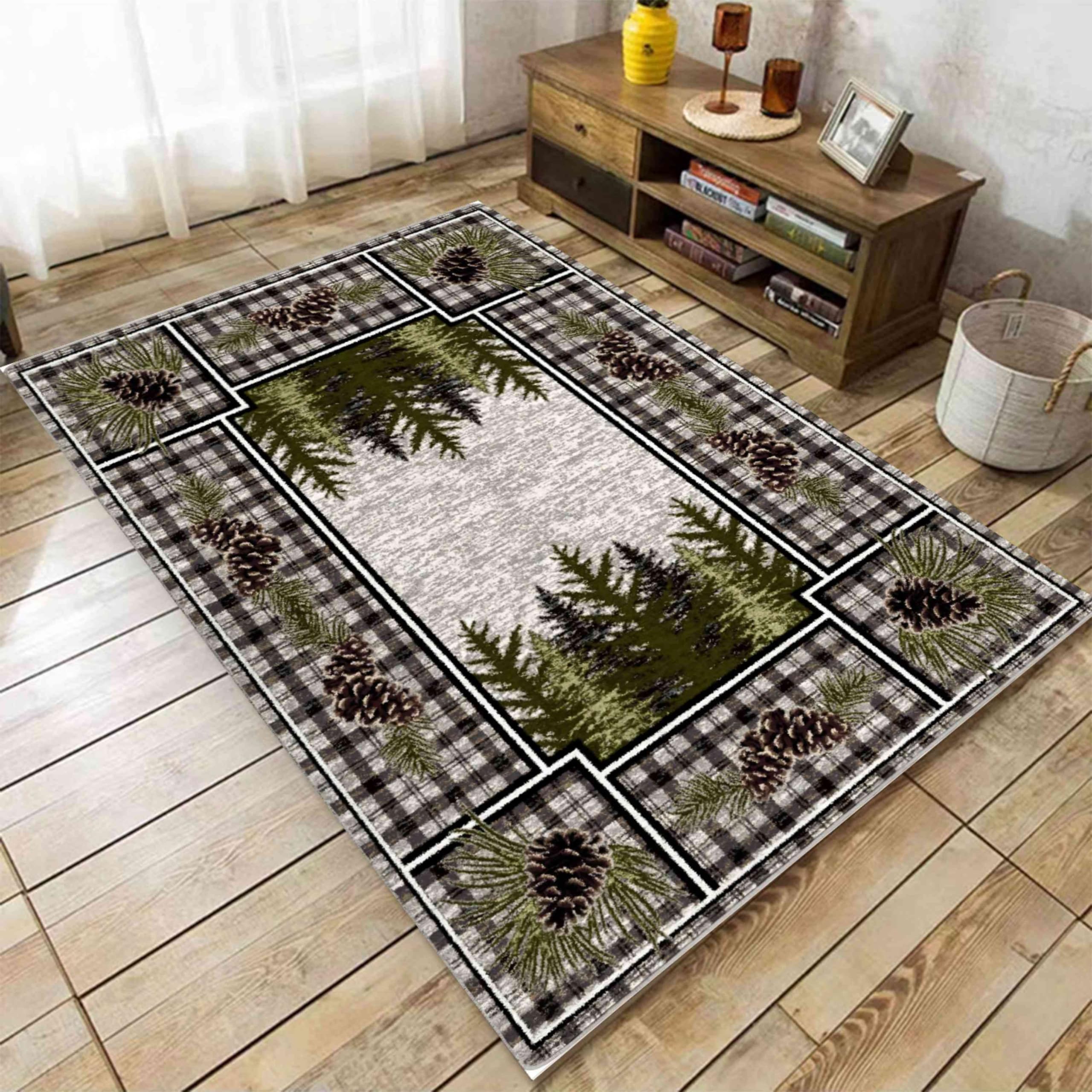 LHOMKCV Vintage Buffalo Plaid Area Rug, 4x5ft, Rustic Cabin Pine Cone Pattern Rug, Country Lodge Nature Plants Rugs, Soft Floor Rug Non-Skid Carpets for Living Room Farmhouse Indoor Floor Mat