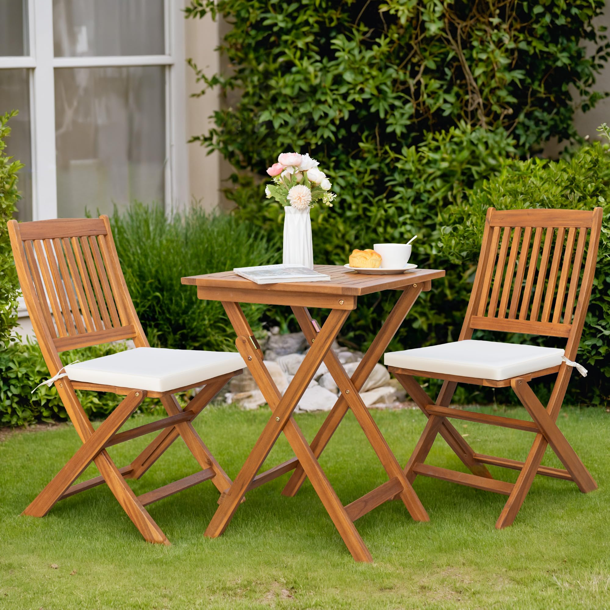 Greesum 3 Piece Patio Folding Furniture Bistro Set with 2 Chairs and Square Table for Pool Beach Backyard Balcony Porch Deck Garden, Acacia Wood