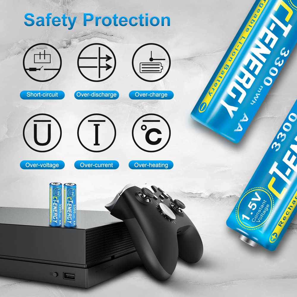 CT-ENERGY AA Lithium Batteries Rechargeable 4 Pack 3300mWh Double A 1.5V Battery for Blink Camera